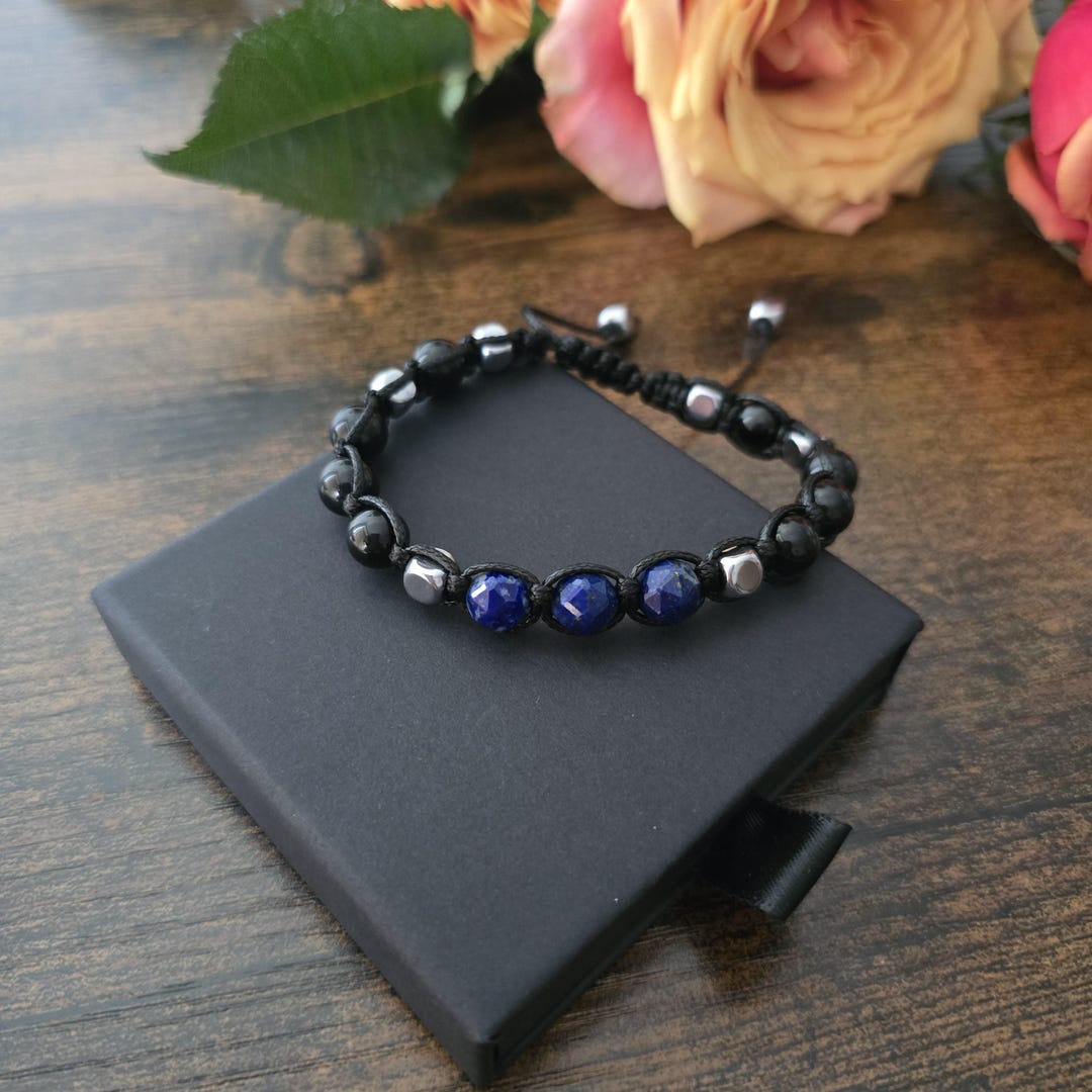 Handmade Lapis Lazuli, Black Tourmaline & Hematite Macrame Bracelet ...