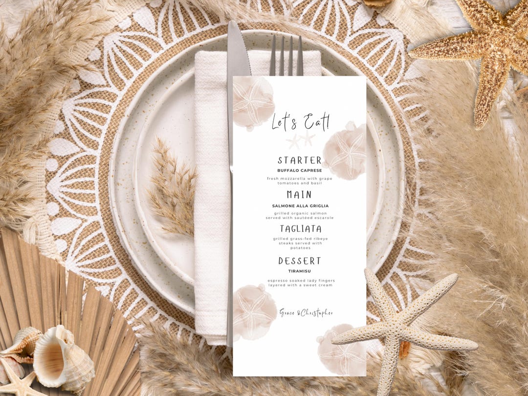 Water Color Starfish Menu Template, Watercolor Coastal Wedding ...
