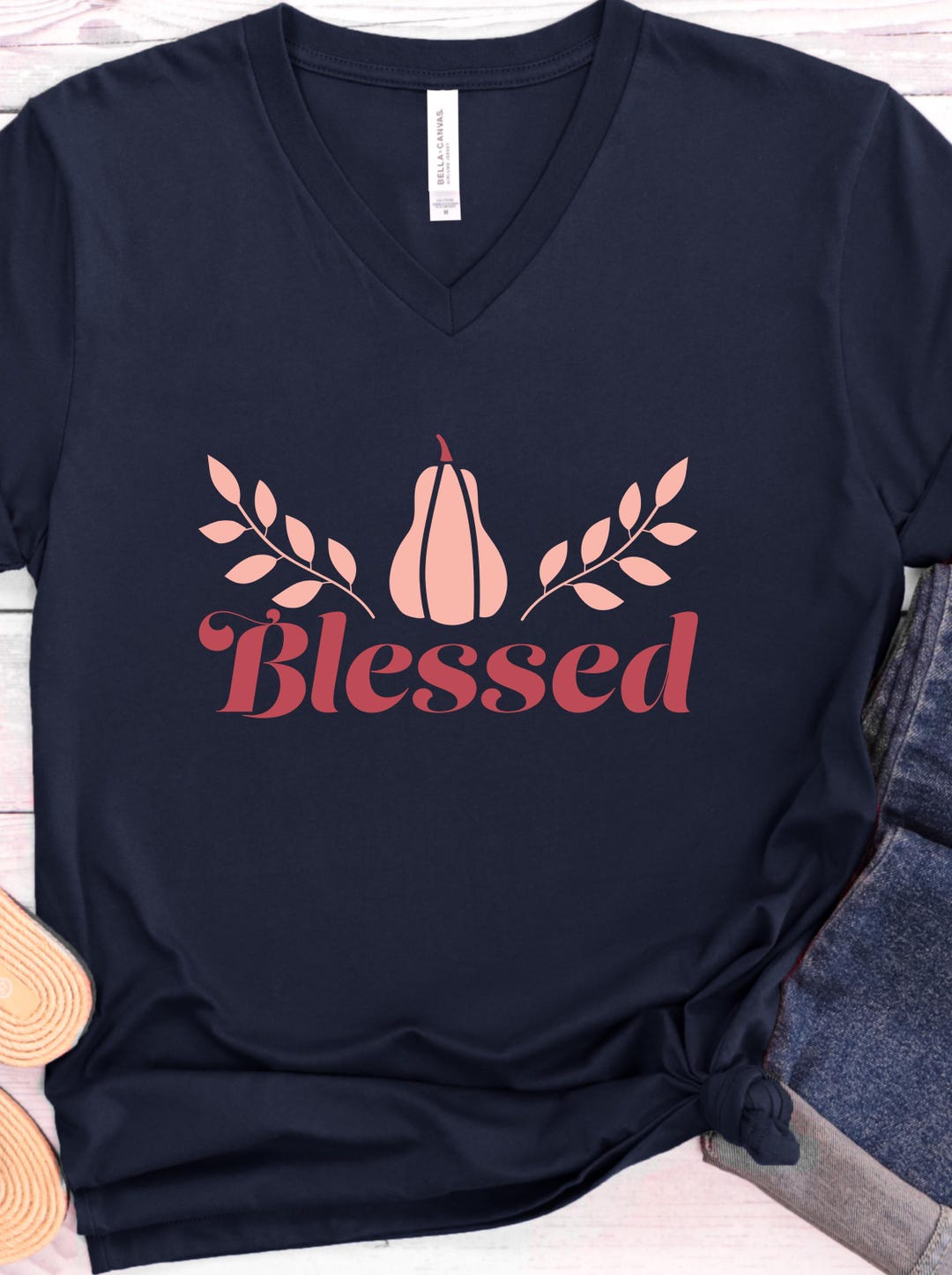 Fall "blessed" Acorn & Leaves Design - Bella Canvas V-neck Tee, Autumn ...