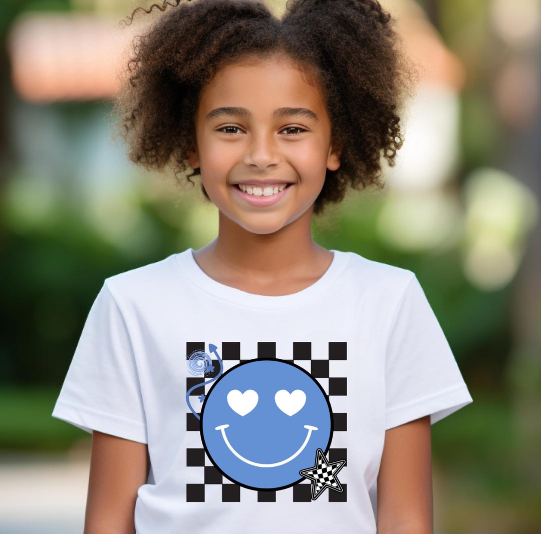 Blue Smiley Face - Black and White Retro - Gildan Youth Preshrunk Tee ...