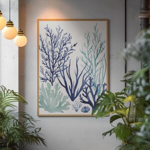 Blue Coral Watercolor Wall Art Print, Digital Download, Ocean Home ...
