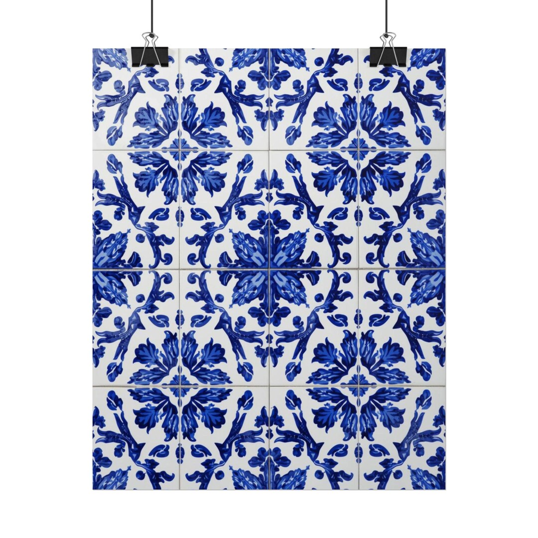 Blue Floral Tile Art 8"x10" Poster, Mediterranean Classic Print, Semi ...
