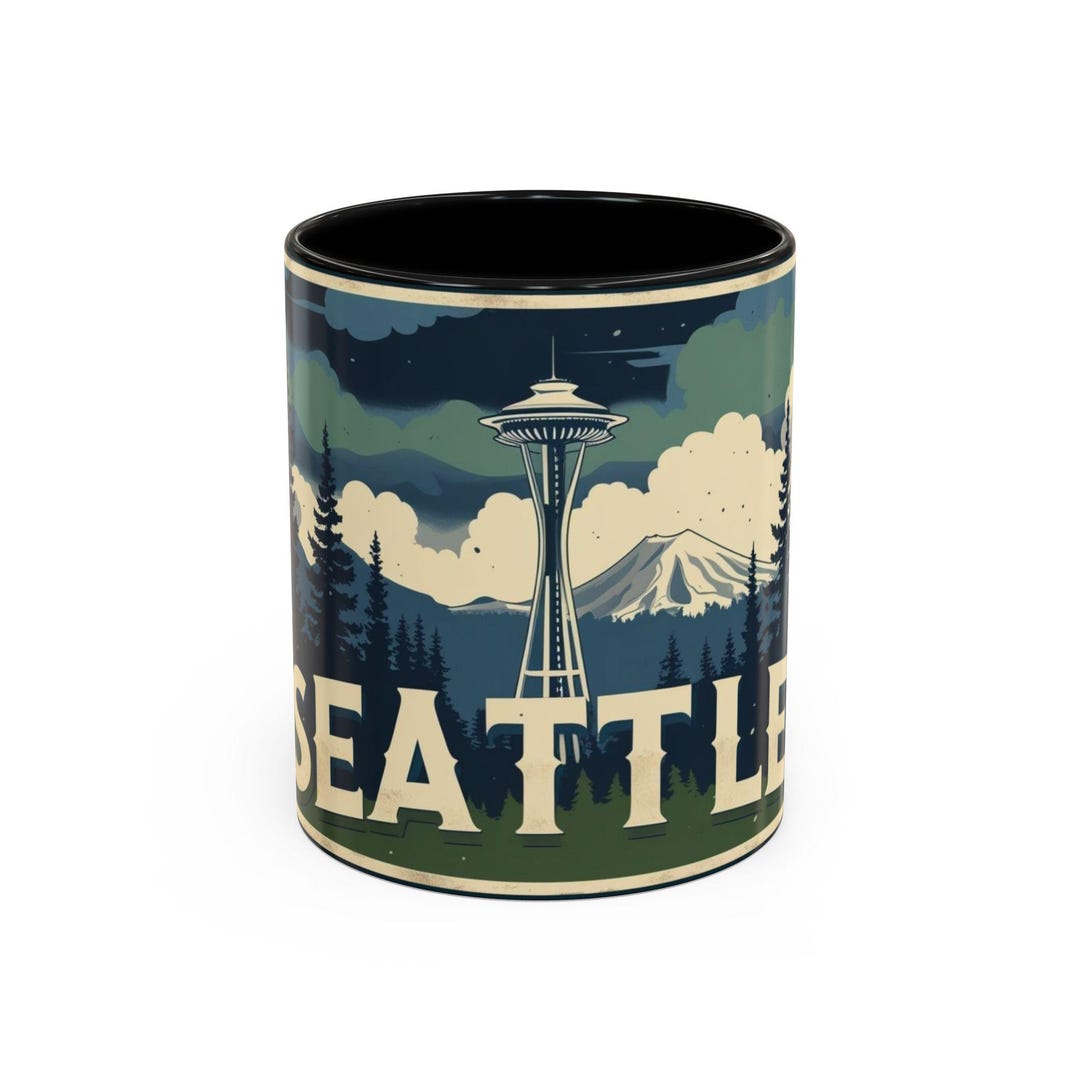 Seattle Vintage Mug, Retro Space Needle Gift, Forest Skyline Art, Cozy ...
