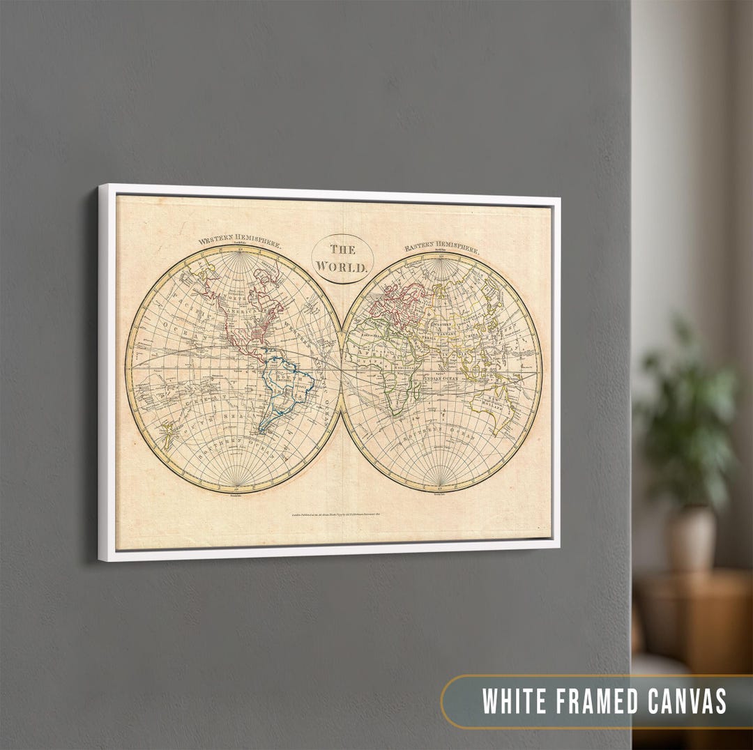 World Map Wall Art, Vintage World Map Framed Canvas, Rustic Double ...