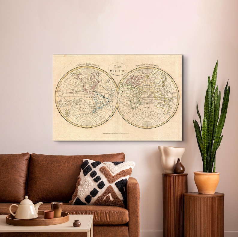 World Map Wall Art, Vintage World Map Framed Canvas, Rustic Double ...