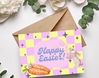 Retro Checkered Easter Card | Bunny & Carrots (digital Download) - Etsy