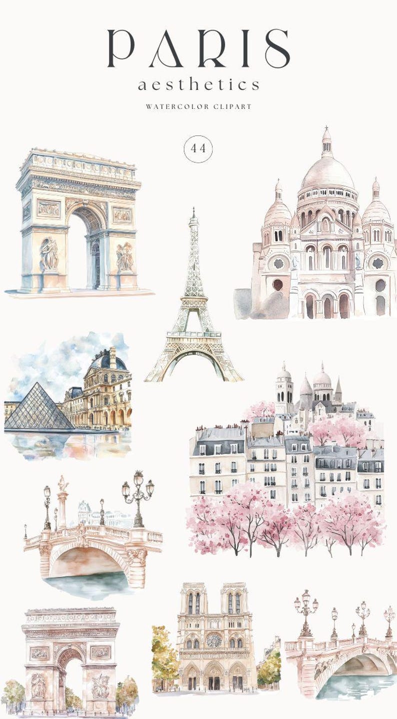 Paris Watercolor Clipart, French Illustrations Art, Scrapbook Elements ...