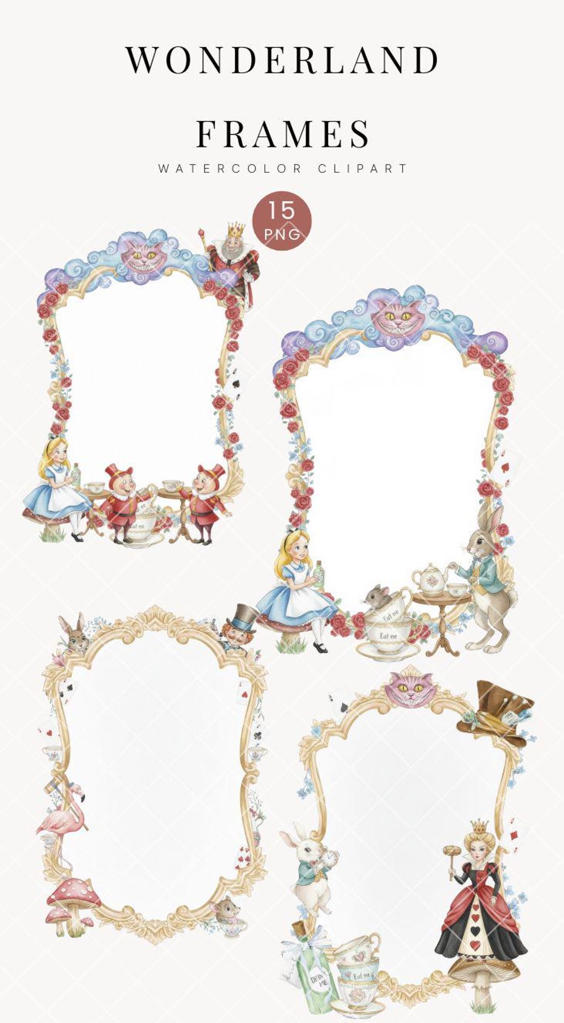 Alice in Wonderland Frames – 15 PNG Watercolor Fairytale Borders, Tea ...