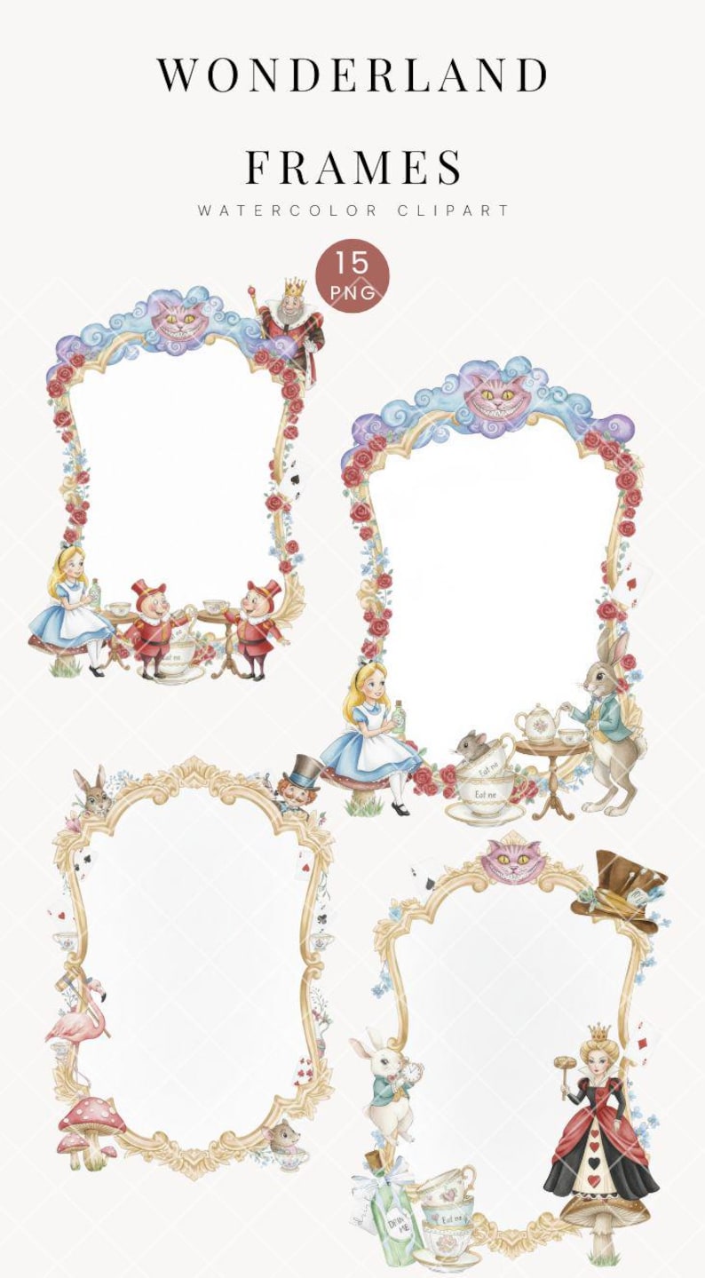 Alice in Wonderland Frames – 15 PNG Watercolor Fairytale Borders, Tea ...