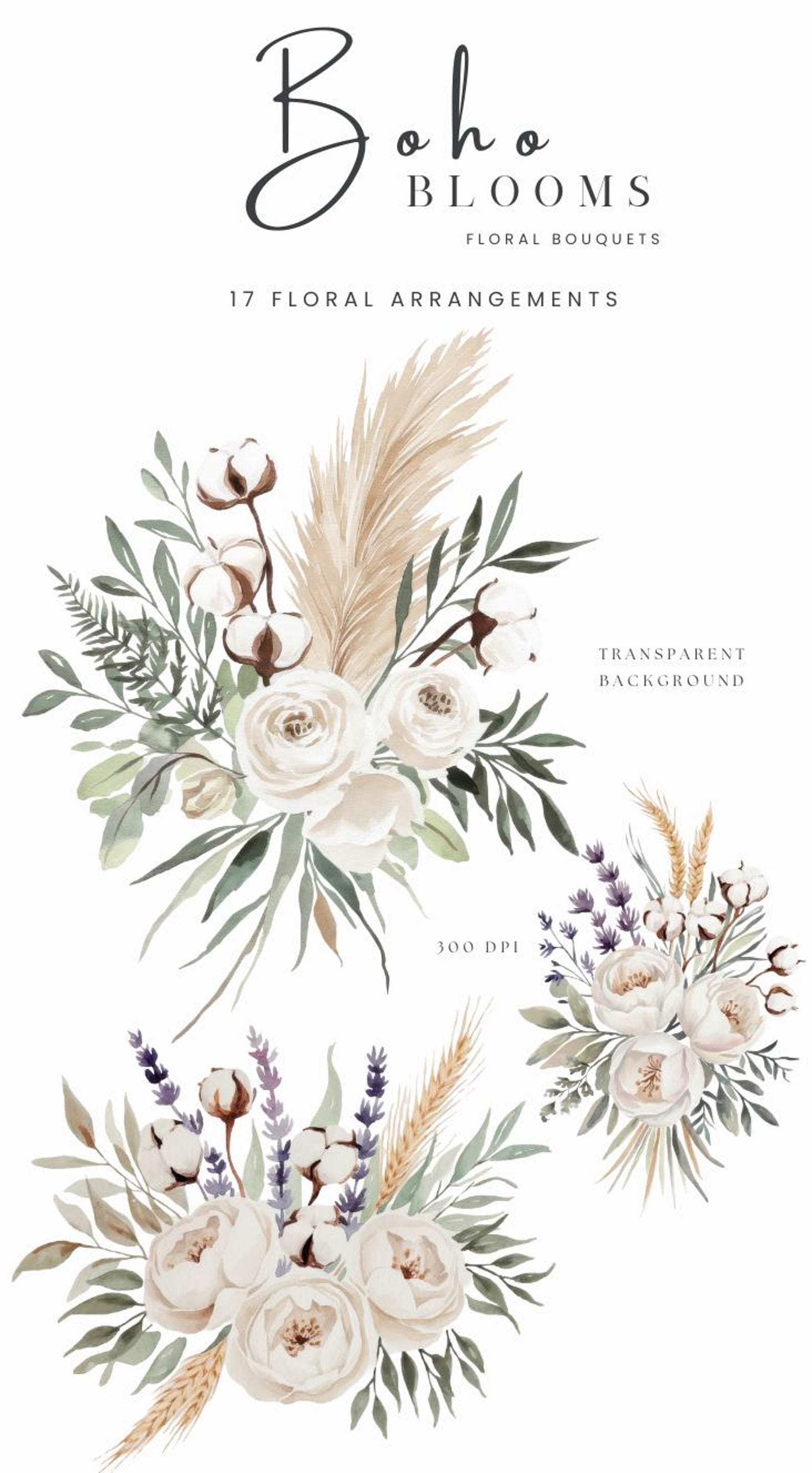Neutral Boho Flowers and Greenery Clipart, Watercolor Clipart ...