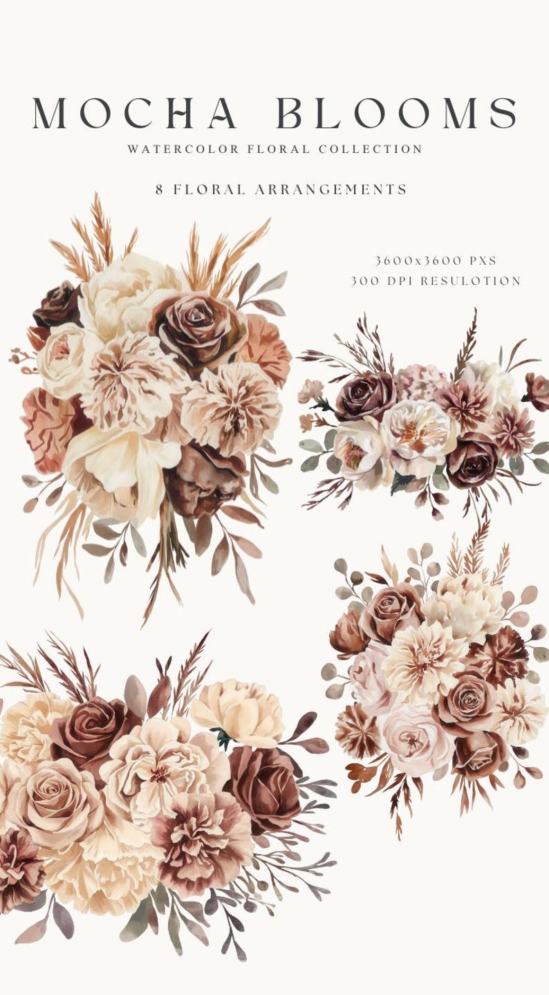 Mocha Mousse Flowers Clipart, Watercolor Whimsical Illustration, Spring ...