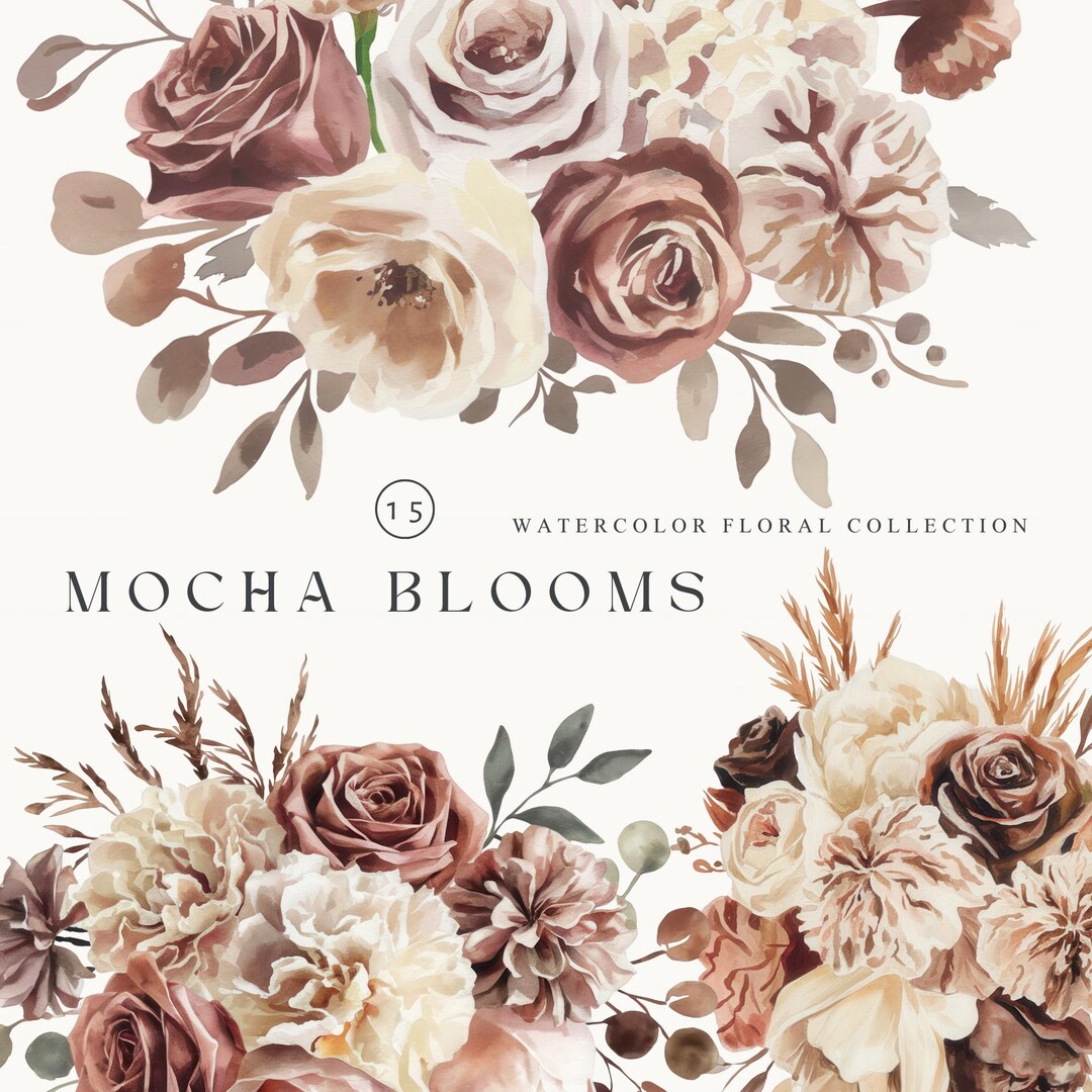 Mocha Mousse Flowers Clipart, Watercolor Whimsical Illustration, Spring ...