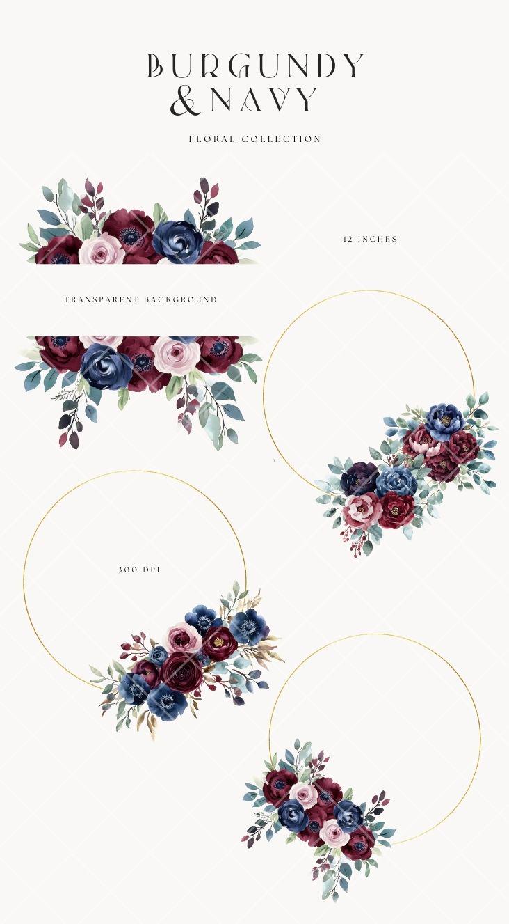 Burgundy and Navy Floral Clipart, Floral Arrangements, Watercolor ...