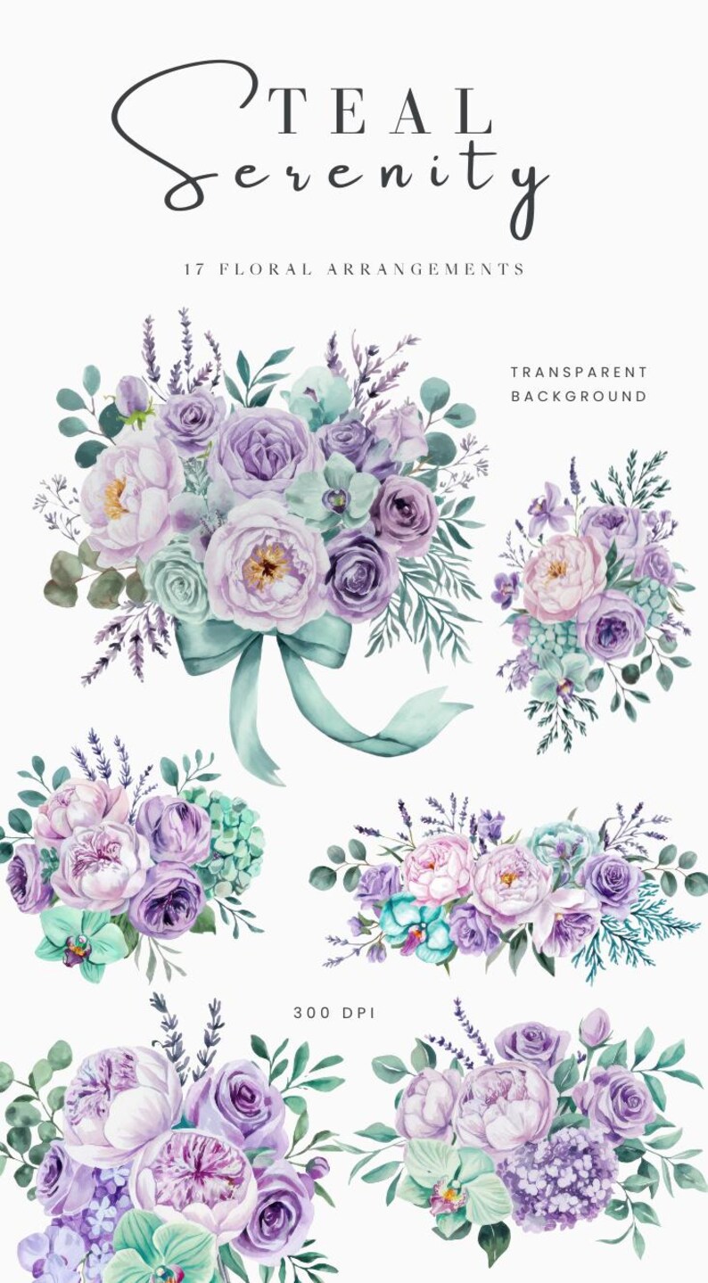Purple and Teal Wedding Floral Clipart, Elegant Designs, Weddings ...