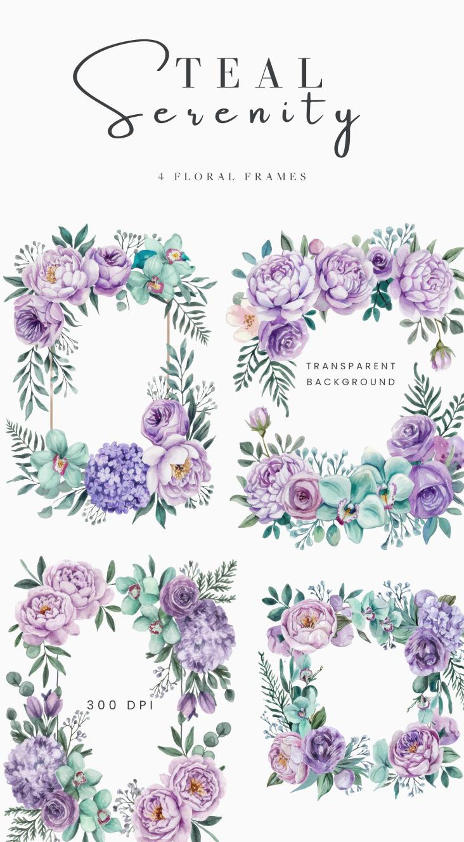 Purple and Teal Wedding Floral Clipart, Elegant Designs, Weddings ...