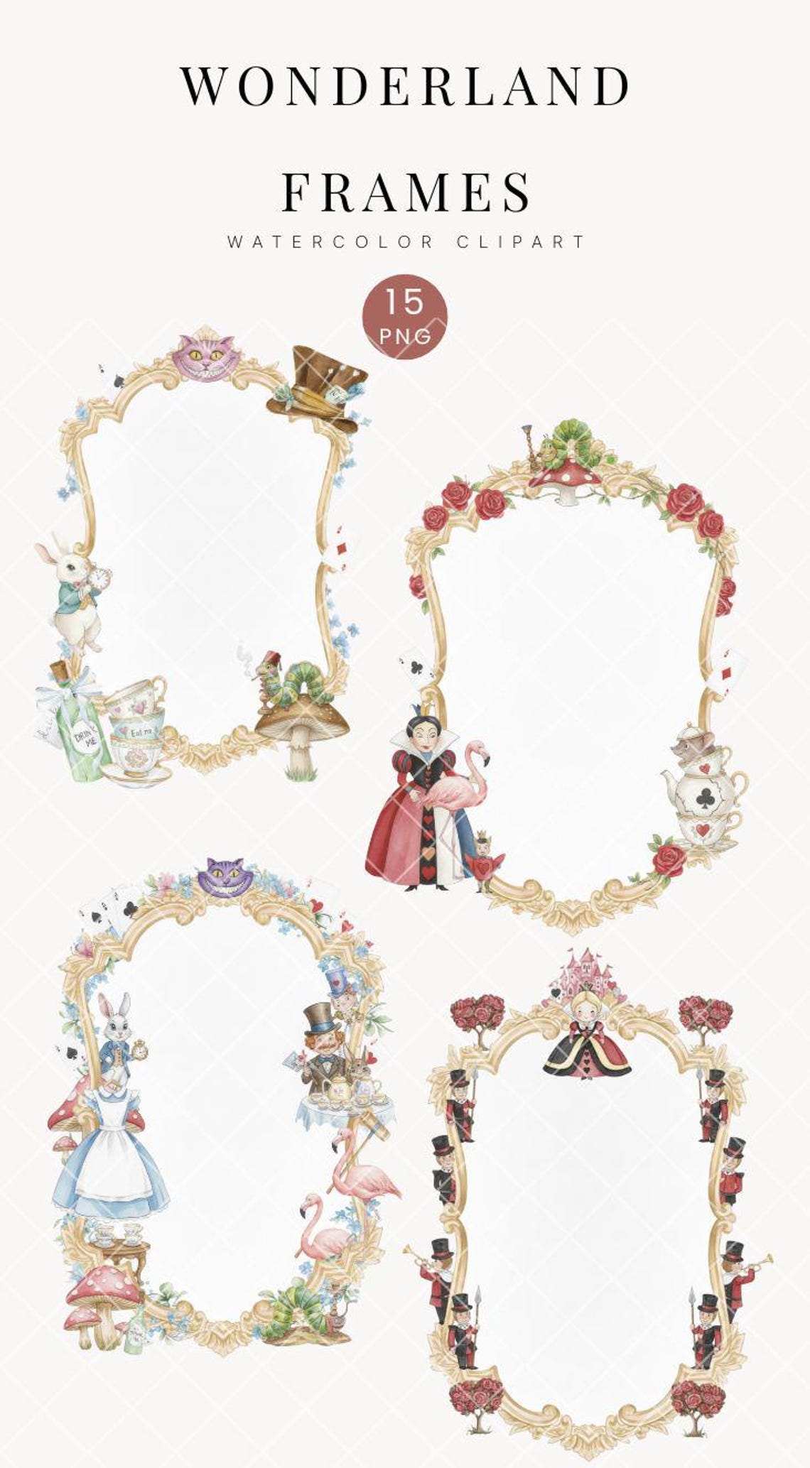 Alice in Wonderland Frames – 15 PNG Watercolor Fairytale Borders, Tea ...