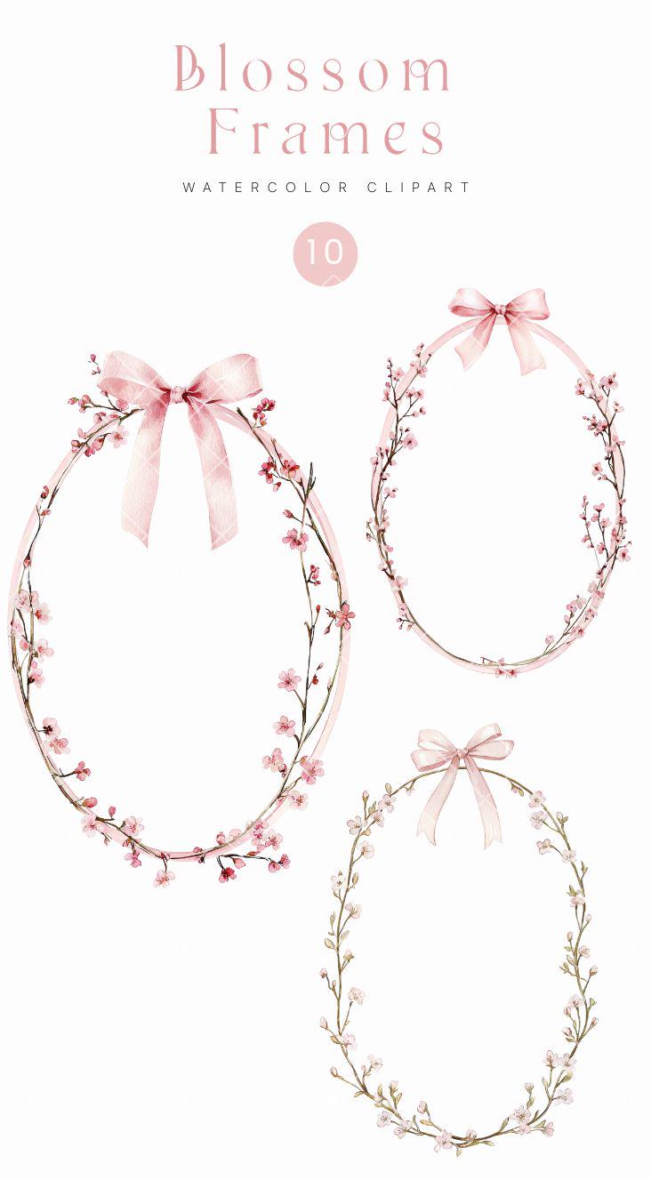 Watercolor Bow Frame Clipart, Bow Ribbon Clipart, Soft Girl, Watercolor ...
