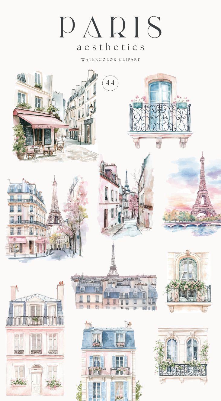 Paris Watercolor Clipart, French Illustrations Art, Scrapbook Elements ...