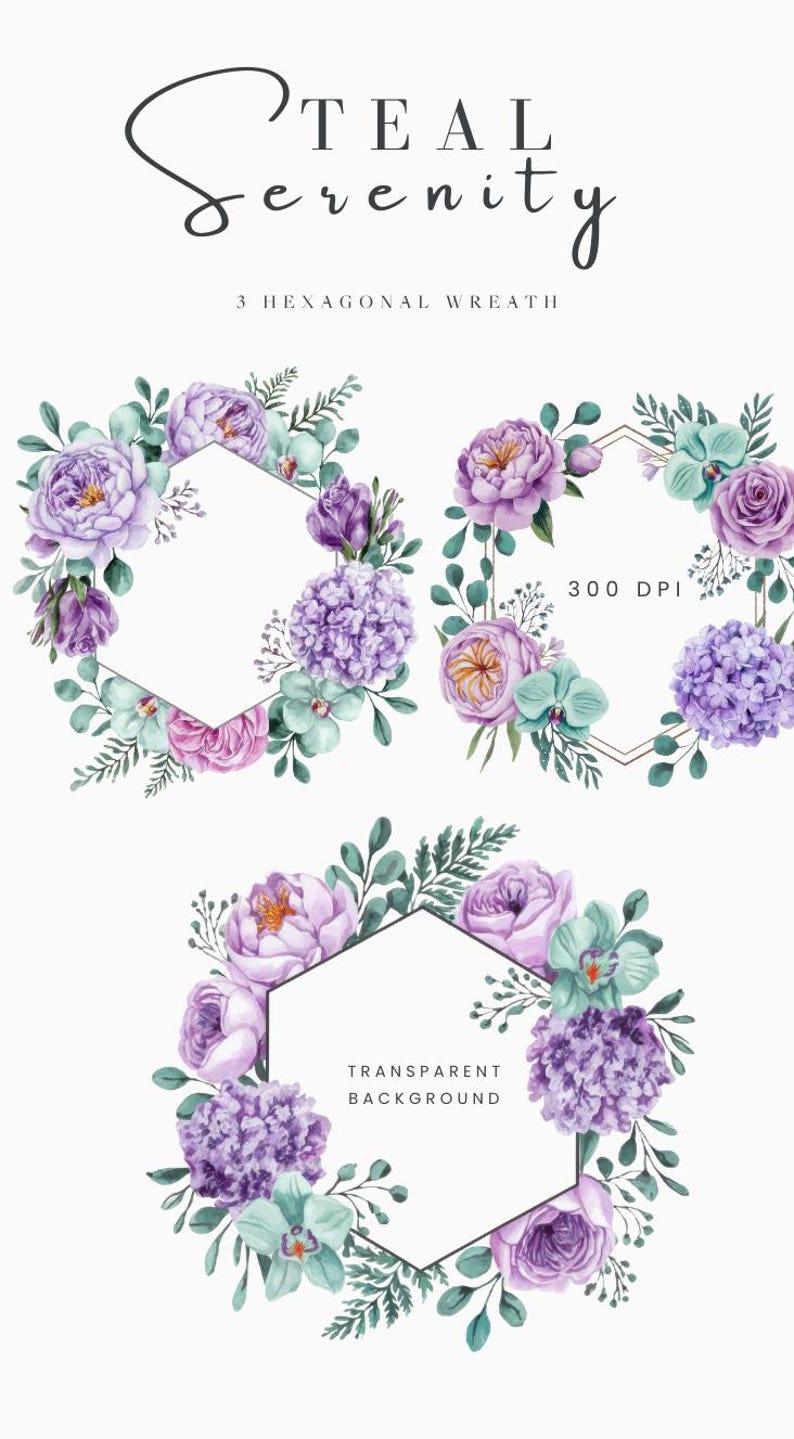 Purple and Teal Wedding Floral Clipart, Elegant Designs, Weddings ...