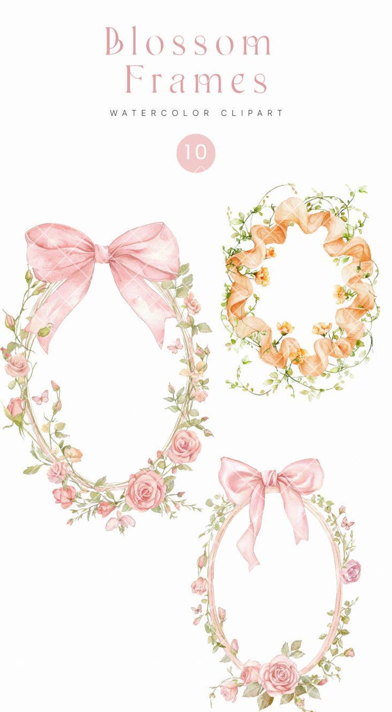Watercolor Bow Frame Clipart, Bow Ribbon Clipart, Soft Girl, Watercolor ...