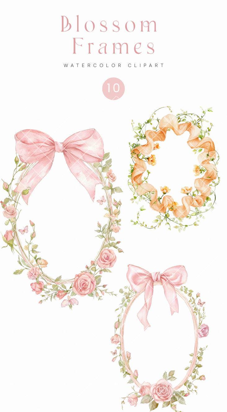 Watercolor Bow Frame Clipart, Bow Ribbon Clipart, Soft Girl, Watercolor ...