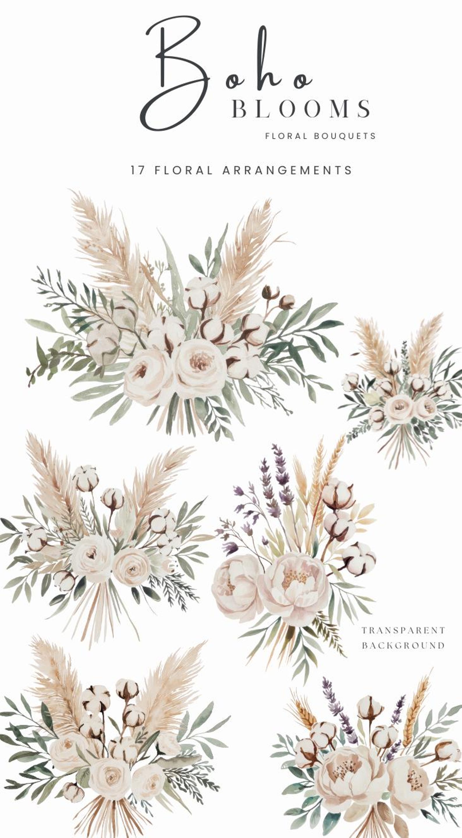 Neutral Boho Flowers and Greenery Clipart, Watercolor Clipart ...