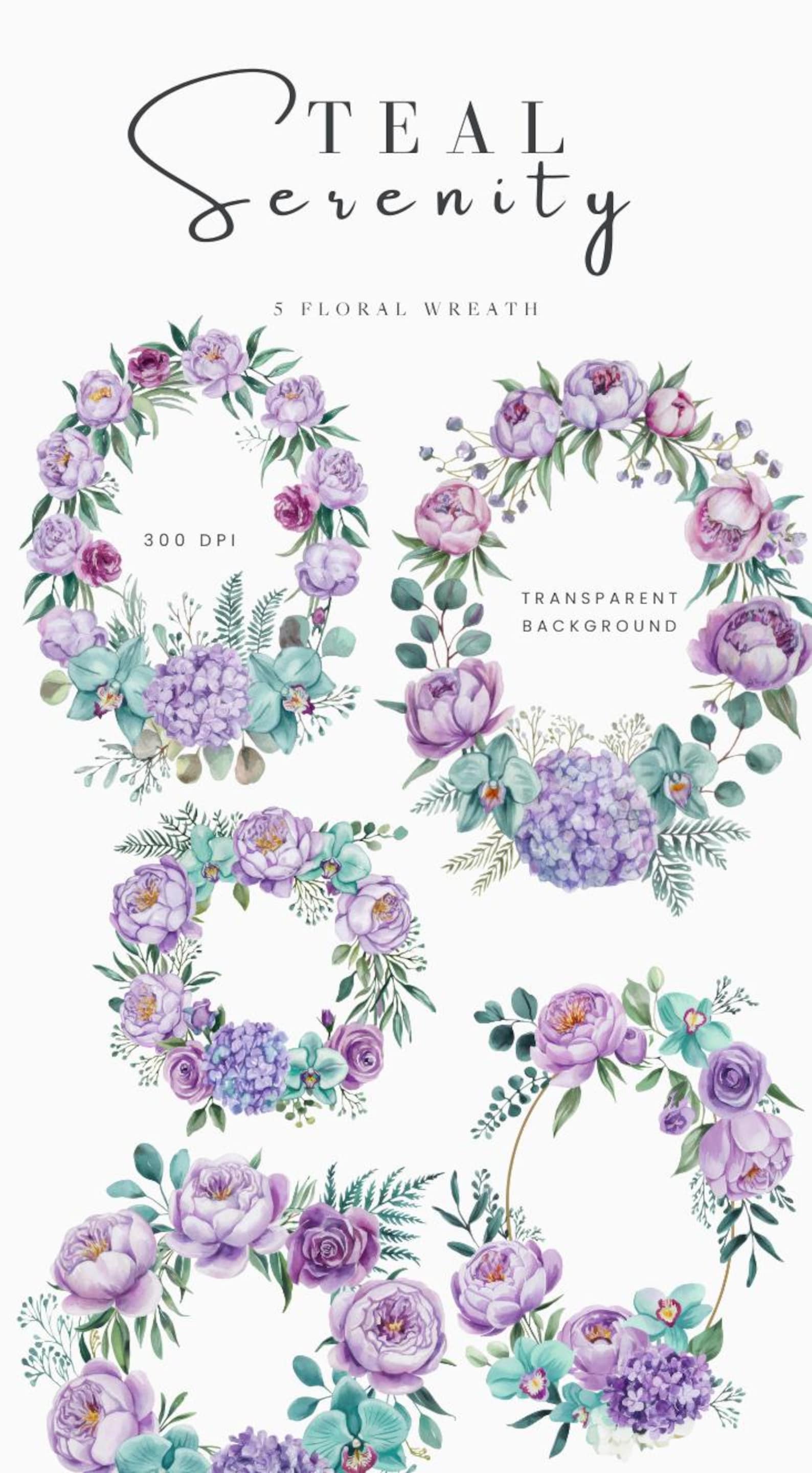 Purple and Teal Wedding Floral Clipart, Elegant Designs, Weddings ...