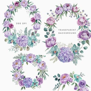 Purple and Teal Wedding Floral Clipart, Elegant Designs, Weddings ...