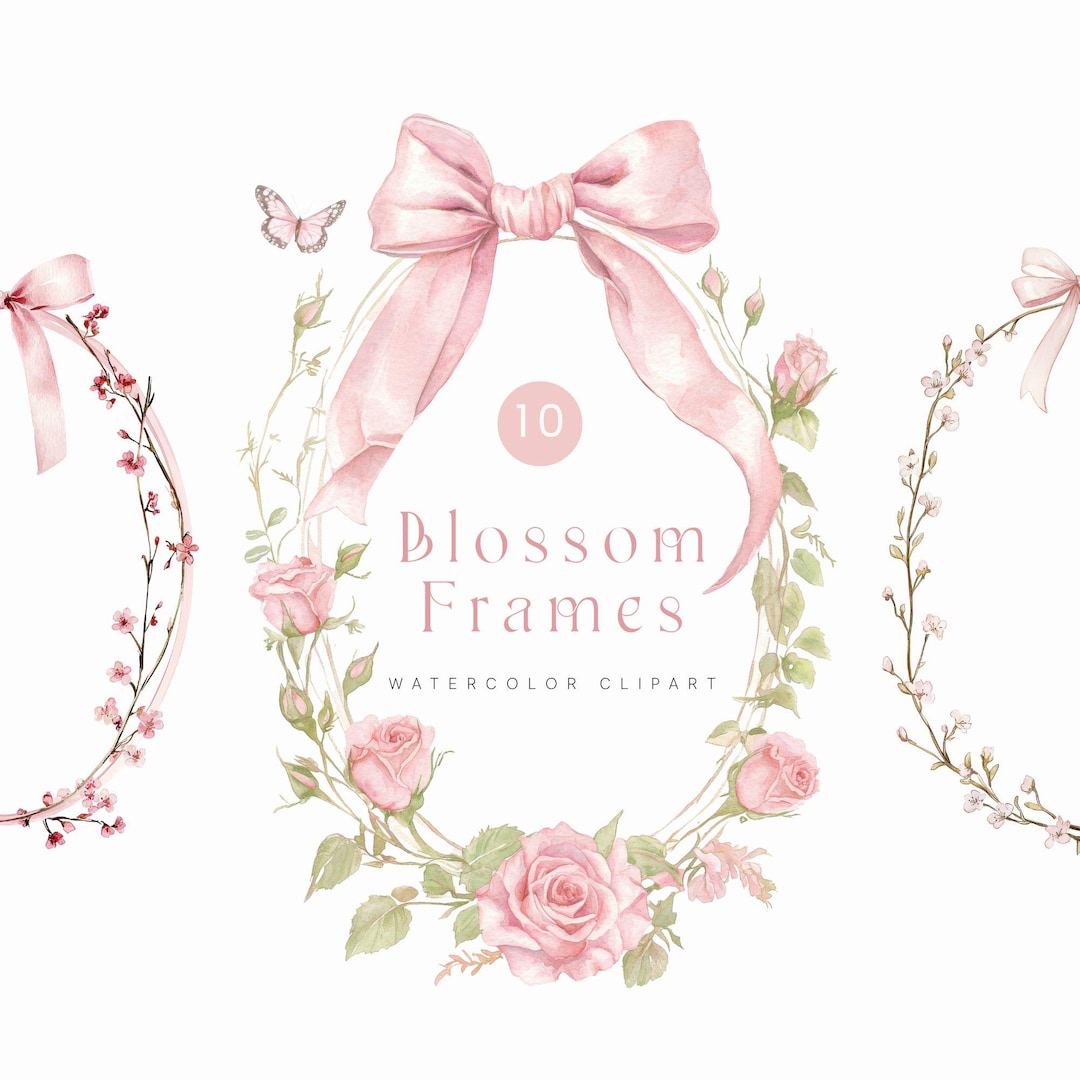 Watercolor Bow Frame Clipart, Bow Ribbon Clipart, Soft Girl, Watercolor ...
