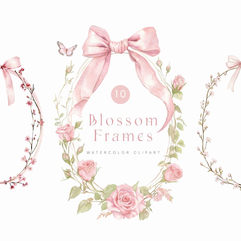 Watercolor Bow Frame Clipart, Bow Ribbon Clipart, Soft Girl, Watercolor ...