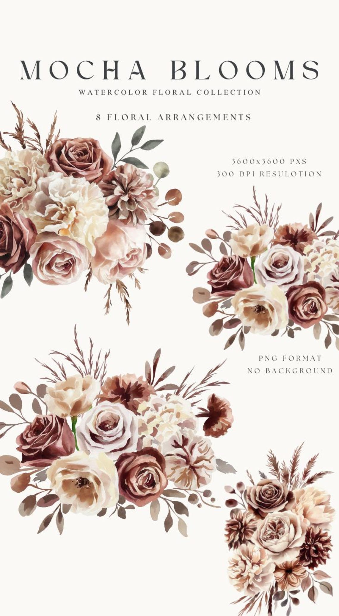 Mocha Mousse Flowers Clipart, Watercolor Whimsical Illustration, Spring ...