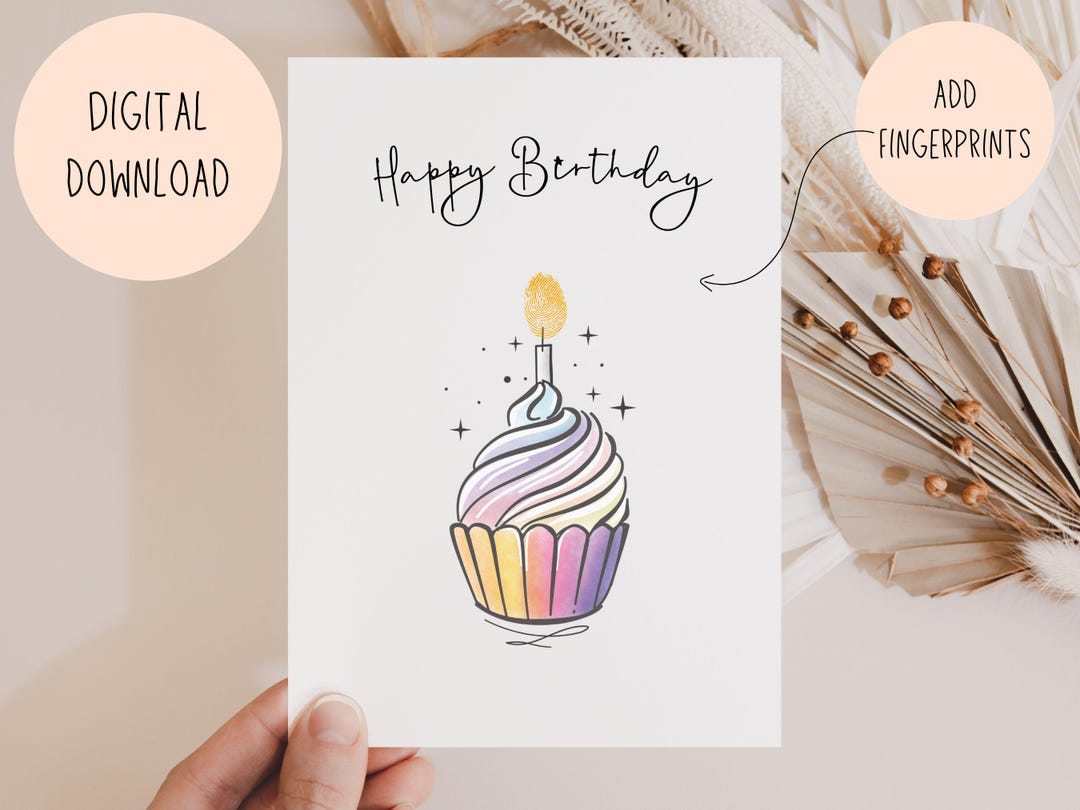 Cupcake Fingerprint Birthday Card: DIY Craft for Grandma (digital PDF ...