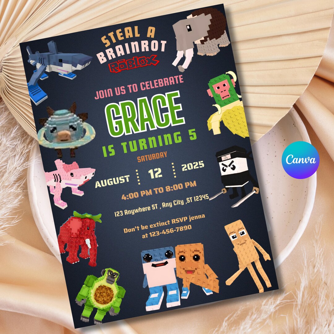 Editable Roblox Steal a Brainrot Birthday Party Invitation , Italian ...