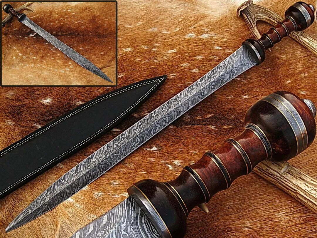 Hand-forged Gladius Style Damascus Short Sword With Carved Wooden ...