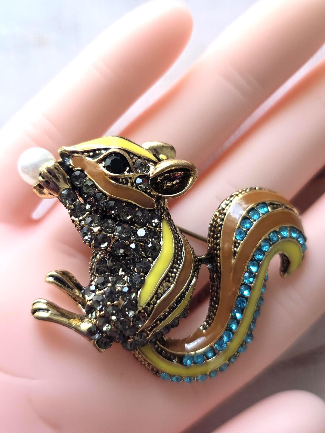 Enamel Chipmunk Brooch: Rhinestone & Faux Pearl Animal Pin - Etsy