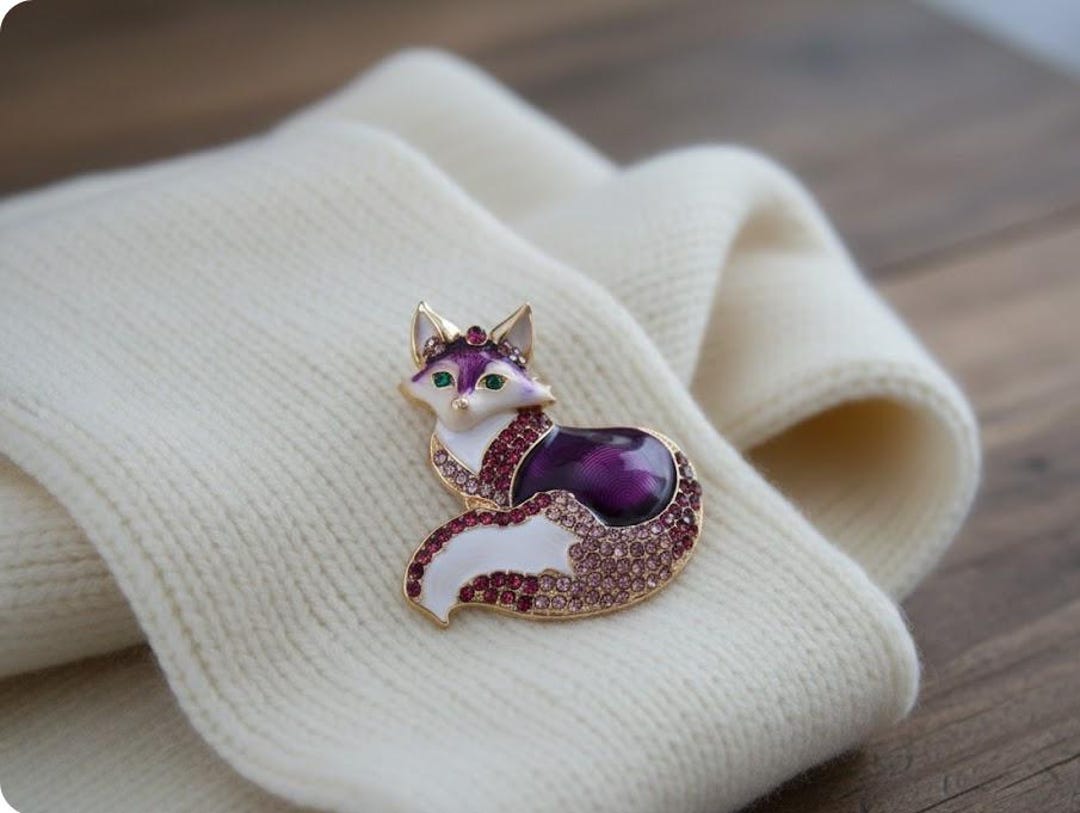 Purple Fox Brooch, Crystal Kitsune Pin, Mystical Enameled Animal ...
