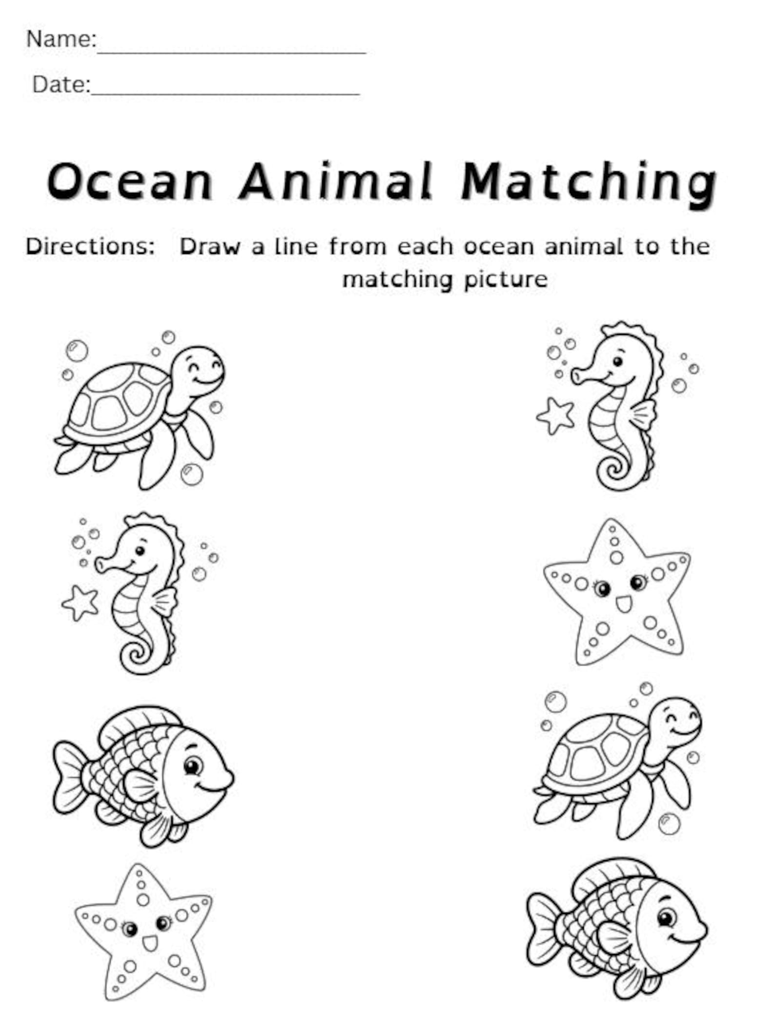 Ocean Animals Matching Worksheet | Sea Life Match Activity | Preschool ...