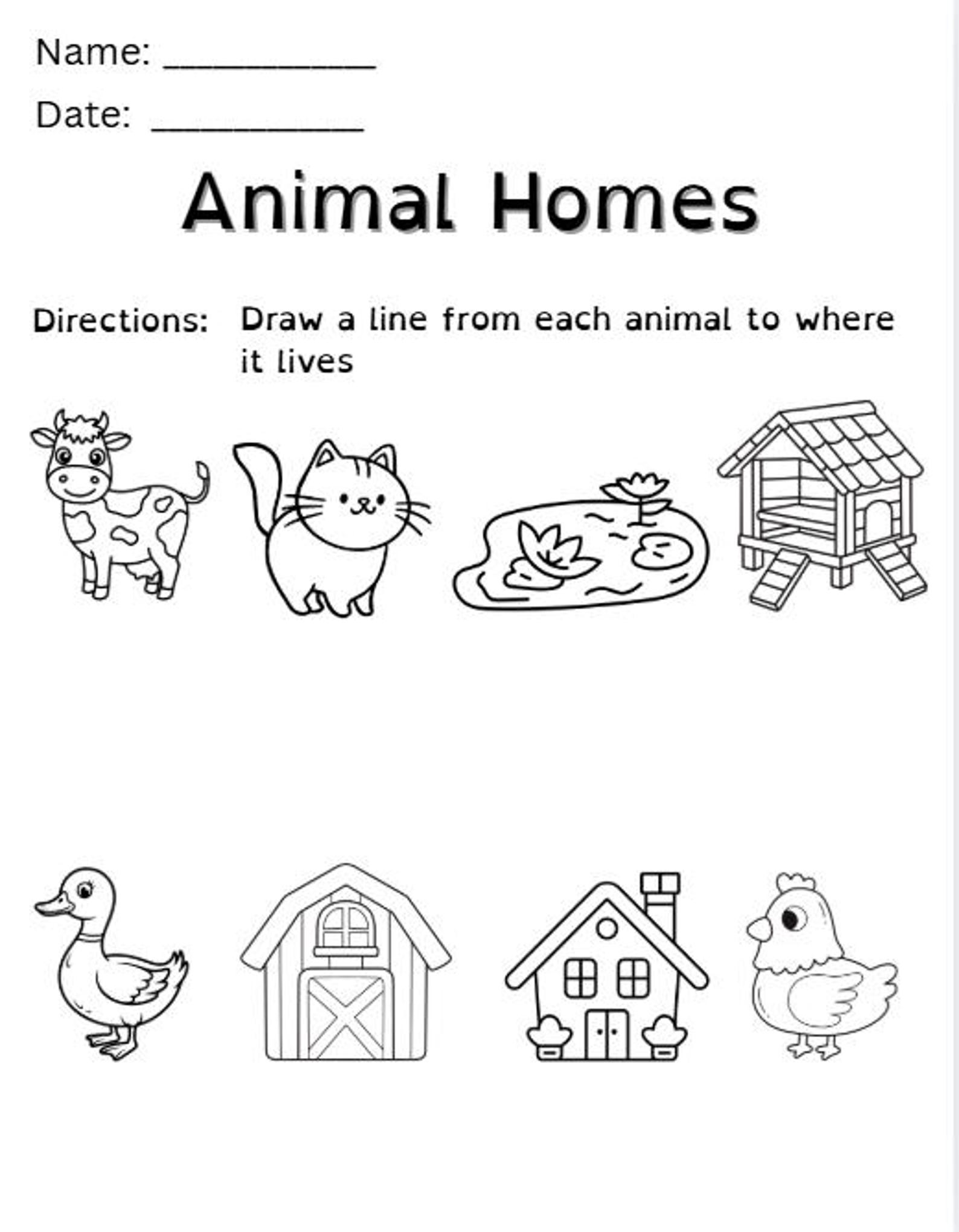 Farm Animal Homes Matching Worksheet – Printable PDF Preschool Activity ...