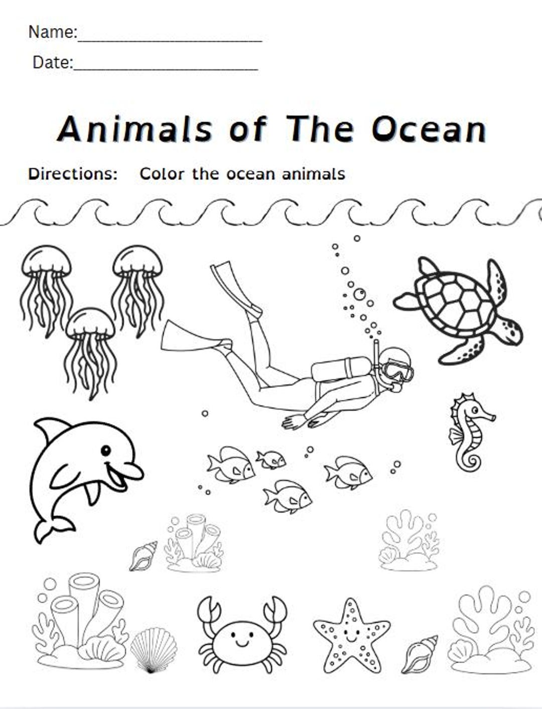 Ocean Animals Coloring Page | Sea Life Worksheet for Kids | Preschool ...