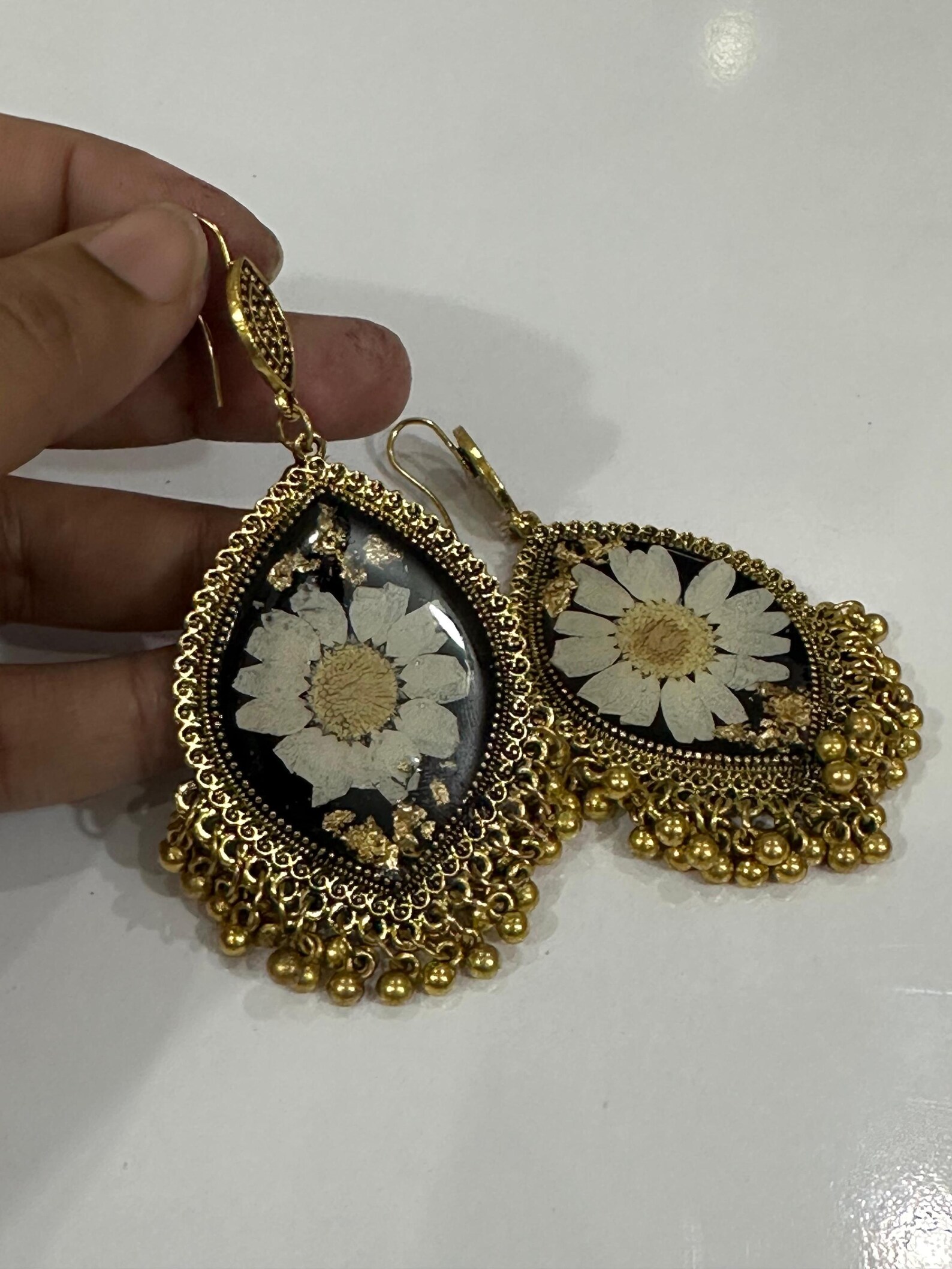 Black Floral Jhumkay - Handmade With Real Flowers Resin Golden Jhumka ...