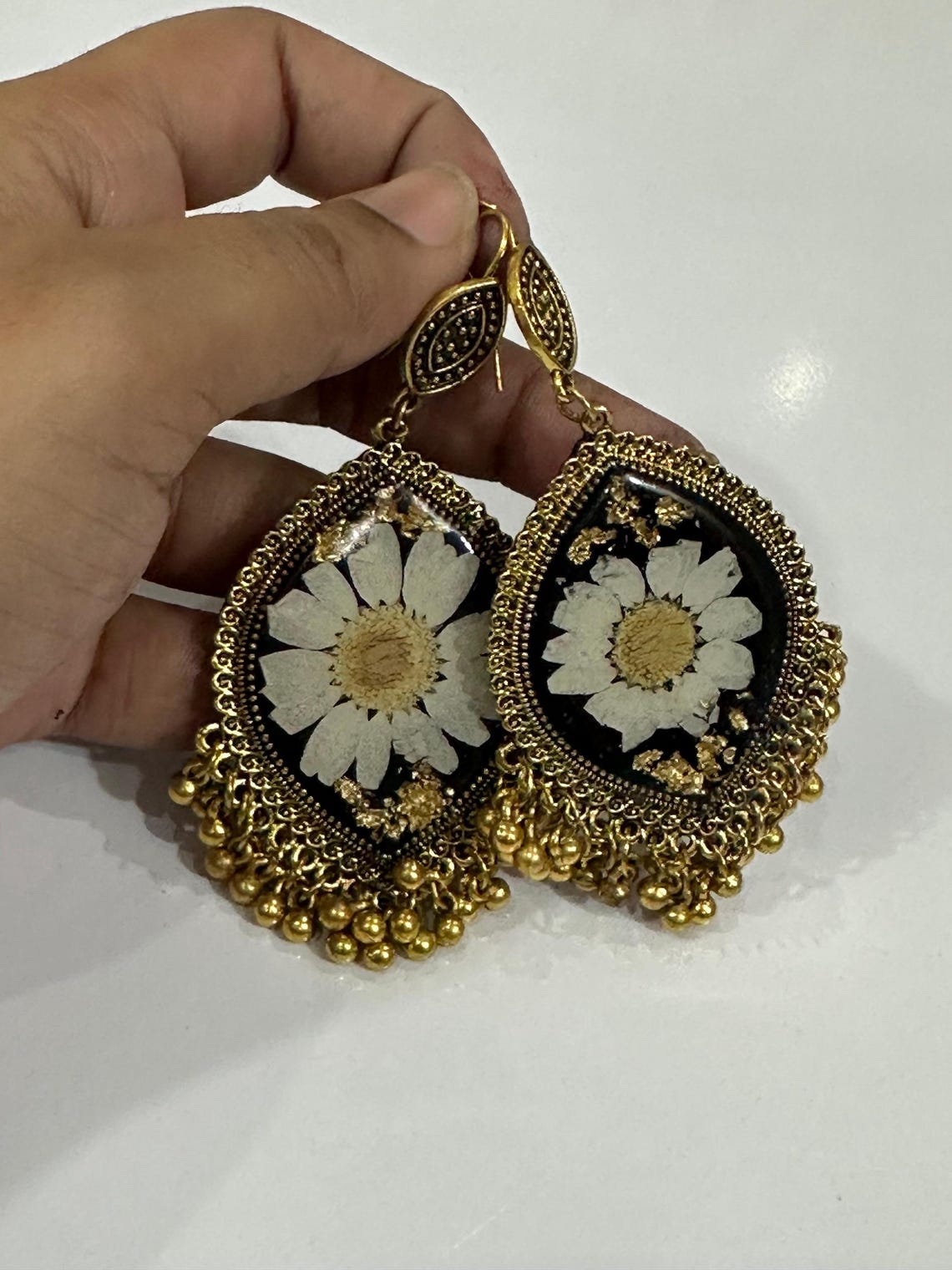 Black Floral Jhumkay - Handmade With Real Flowers Resin Golden Jhumka ...