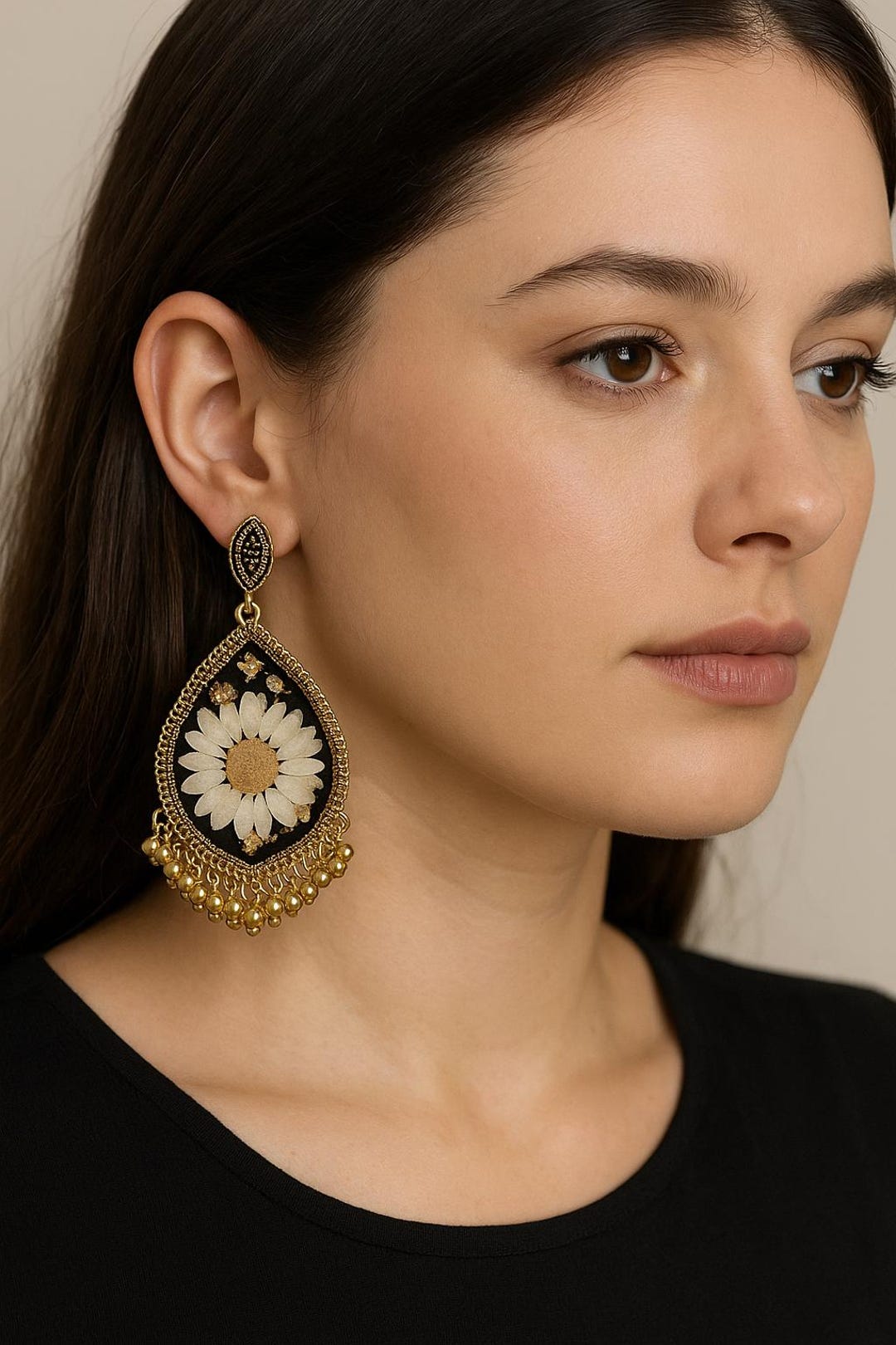 Black Floral Jhumkay - Handmade With Real Flowers Resin Golden Jhumka ...