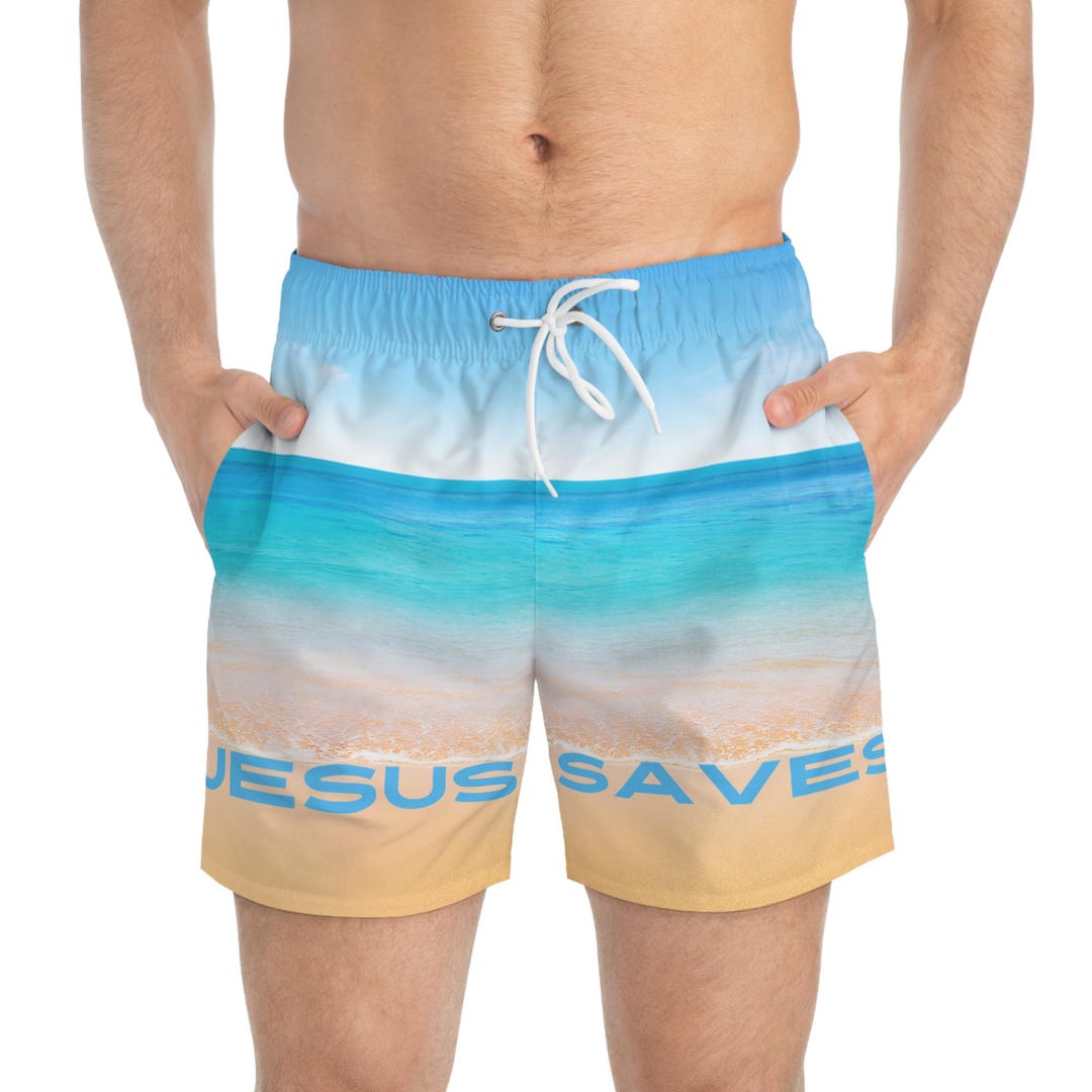 Jesus Saves Christian Mens Swim Trunks - Beach Scene Summer Shorts ...