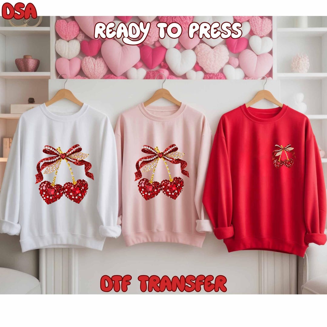 Valentine Jeweled Cherry DTF Heat Transfer, Diamond Hearts Love Tshirt ...