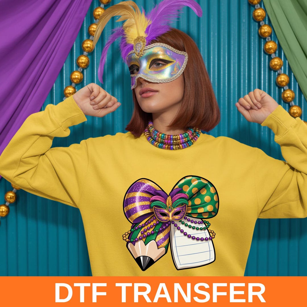 Mardi Gras Mask Pencil Bow DTF Transfer Sheet, Ready to Press - Etsy