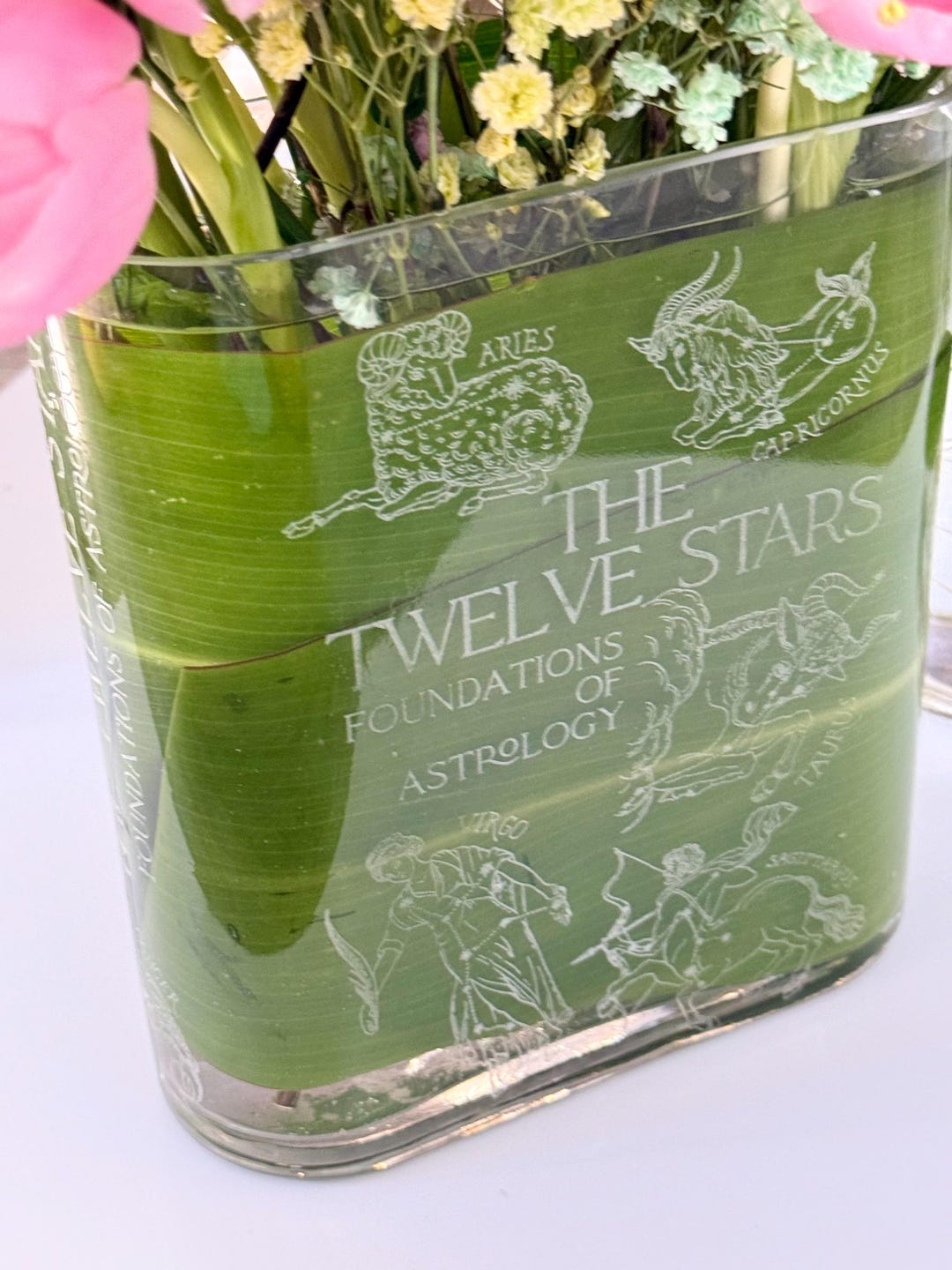 Zodiac Book Vase: Engraved Glass Floral Vase, Celestial Home Decor - Etsy