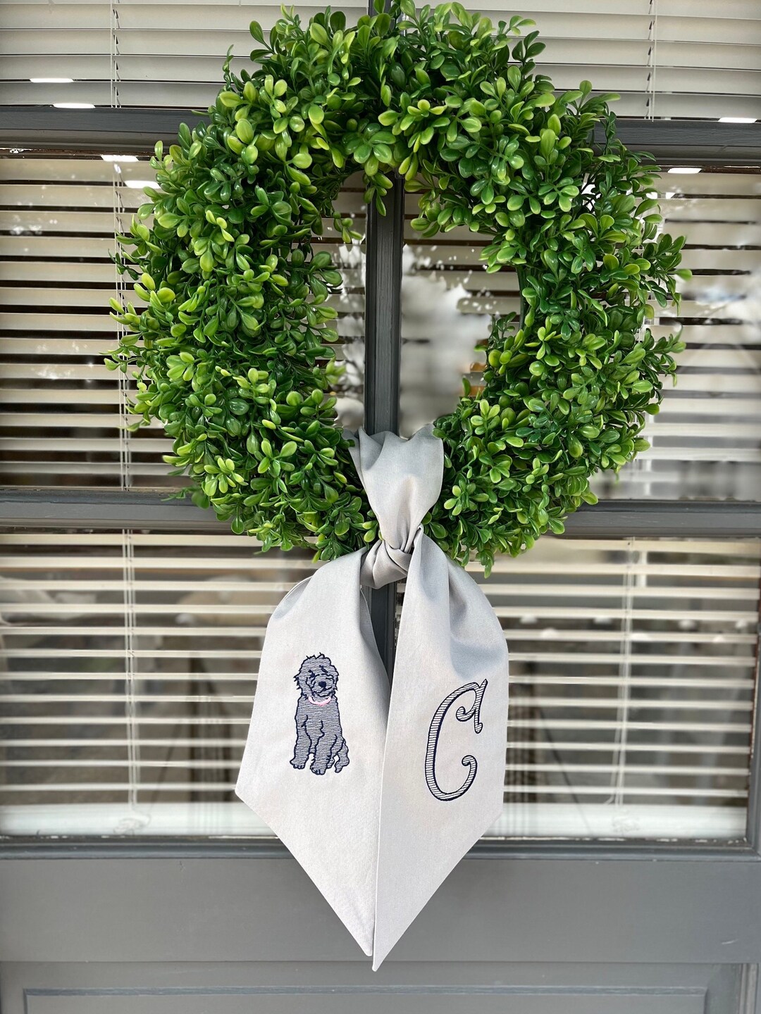 Embroidered Doodle Dog Linen Wreath Sash - Personalized Initial - Etsy