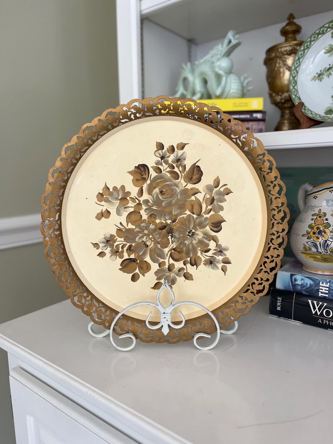 Vintage Nashco Products Hand-painted Floral Metal Tole Tray | Gold ...