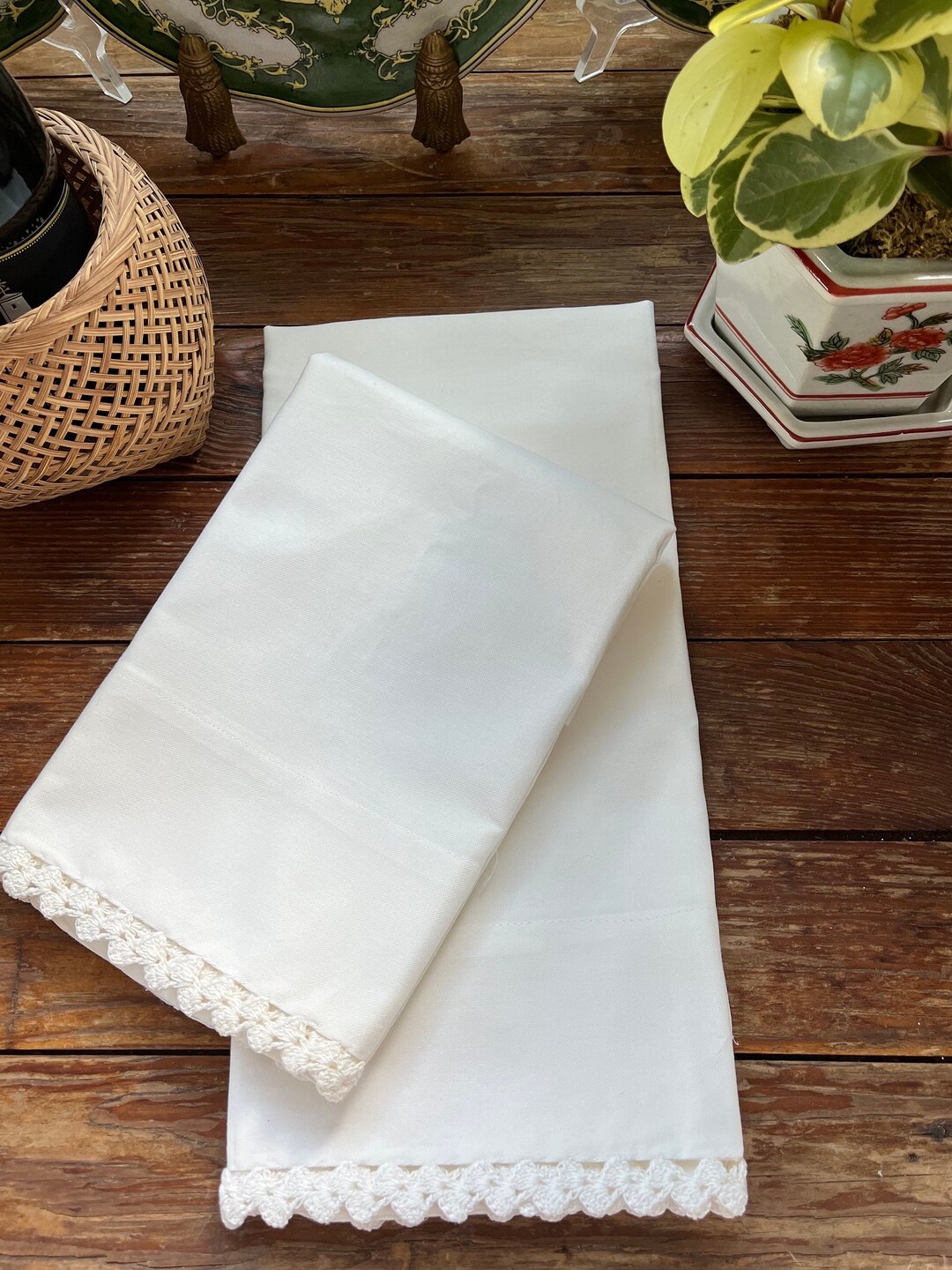 One Pair of Vintage Hand Made Pillowcases Trimmed in Hand Made ...