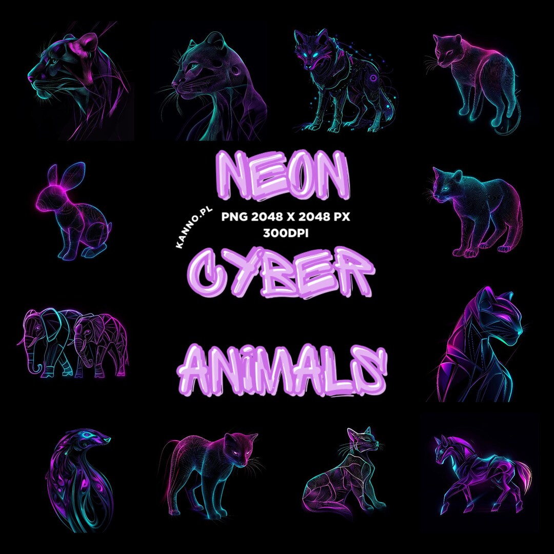 Cyber Neon Animals Clipart Set – 34 Pngs, 2048x2048, 300 DPI, Neon Pets ...